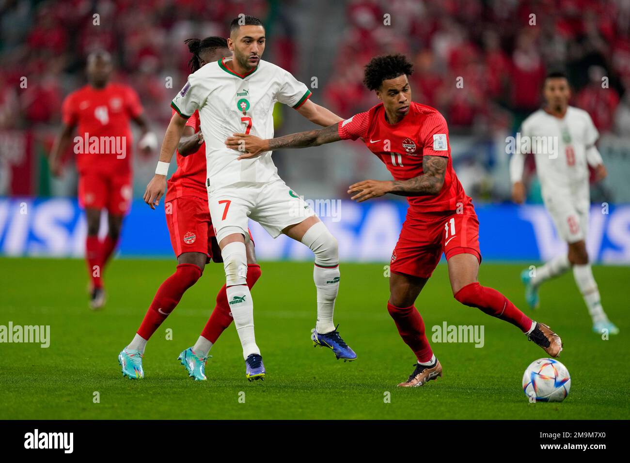 Canada's Tajon Buchanan, right, vies for the ball with Morocco's Hakim ...