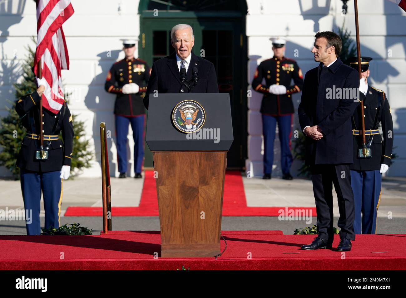 President Joe Biden speaks as he welcomes French President Emmanuel ...