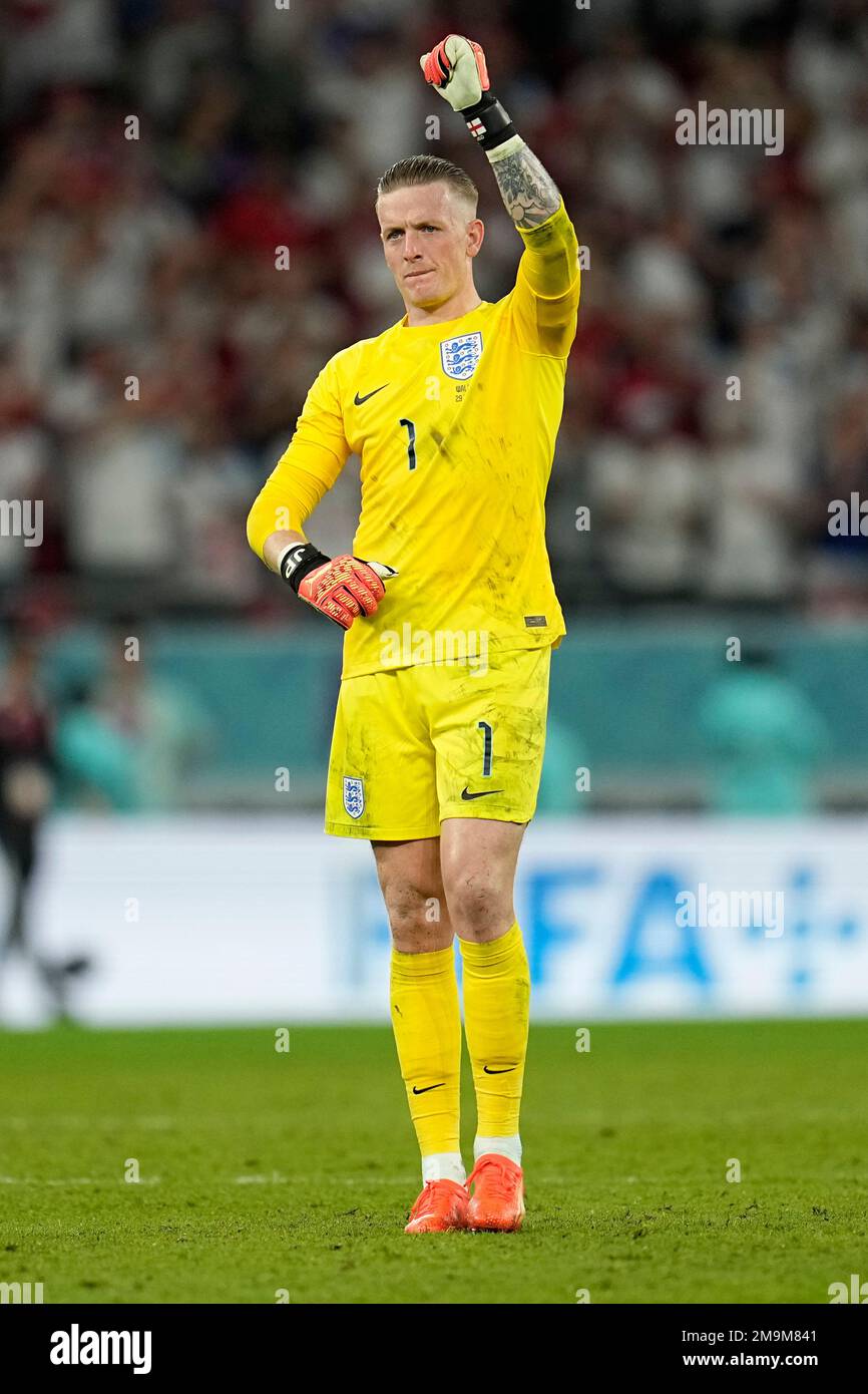 England's goalkeeper Jordan Pickford celebrates at the end of the World ...