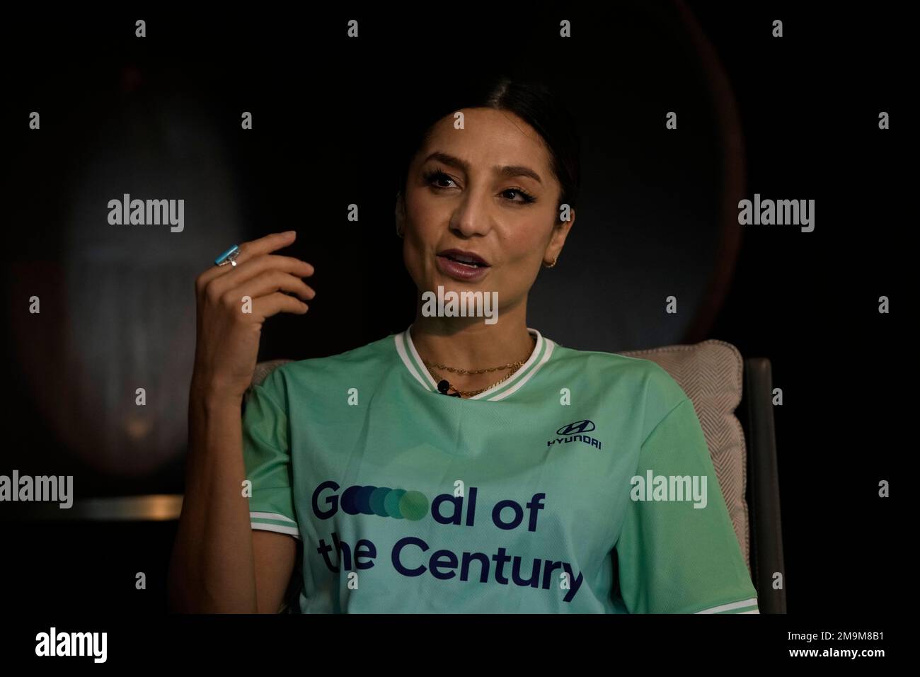Nadia Nadim gestures as she speaks during an interview with The ...