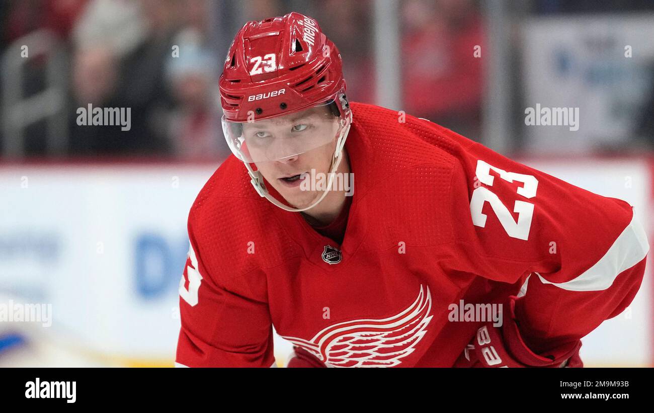 Detroit Red Wings left wing Lucas Raymond (23) plays against the ...