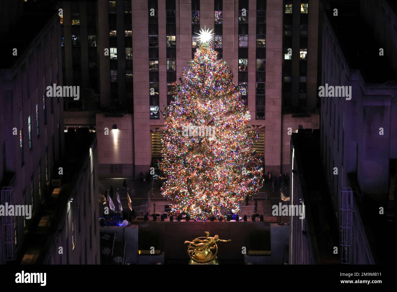 The Rockefeller Center Christmas tree stands illuminated following the ...