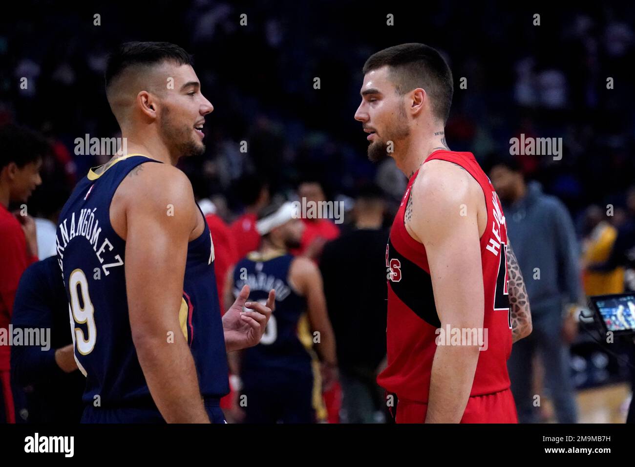 New Orleans Pelicans center Willy Hernangomez (9) talks with his ...