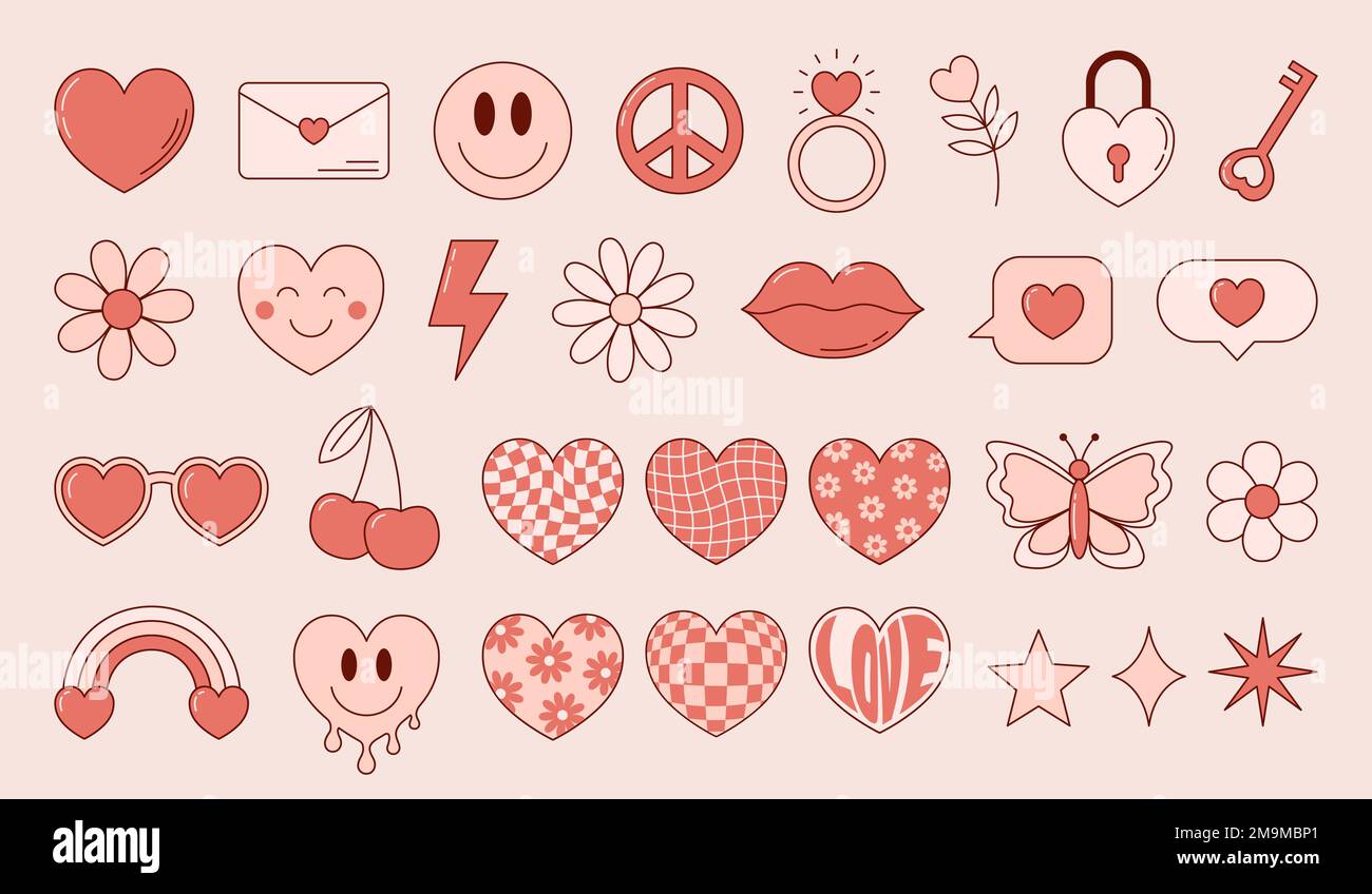 Hippie Valentines day romantic sticker collection. Groovy cute elements ...