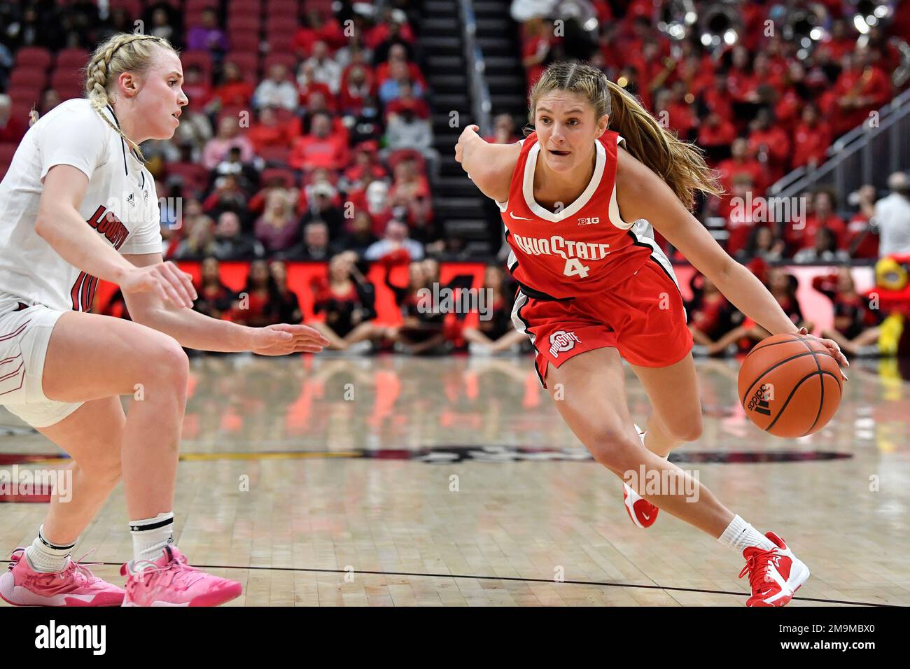 Ohio State guard Jacy Sheldon (4) tries to drive past Louisville guard ...