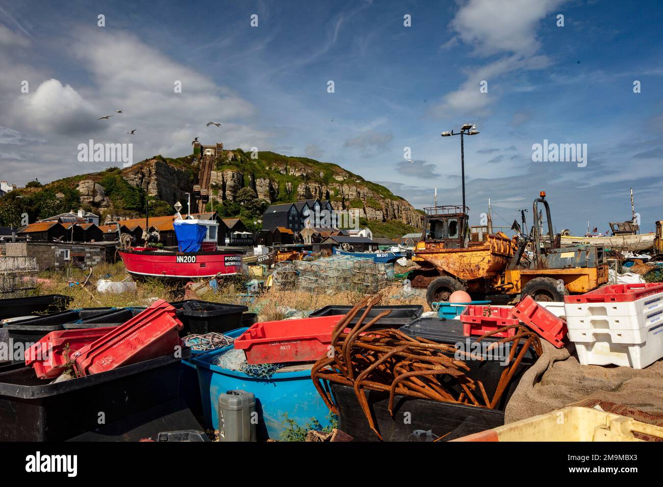 Colourful view across the UK's largest beach-based fishing fleet area ...