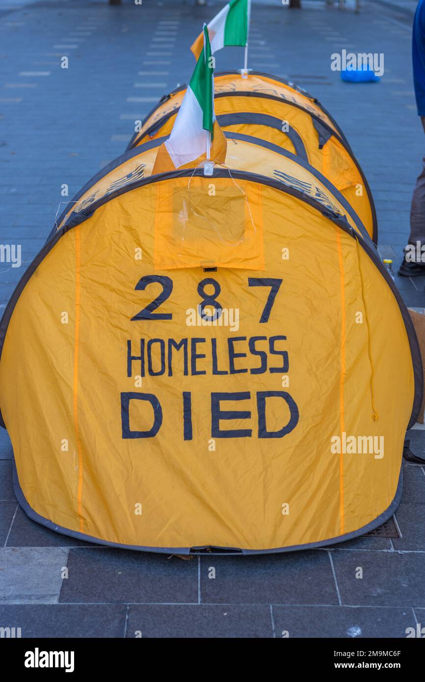 A small yellow sleeping tent showing the numbers of dead homeless ...