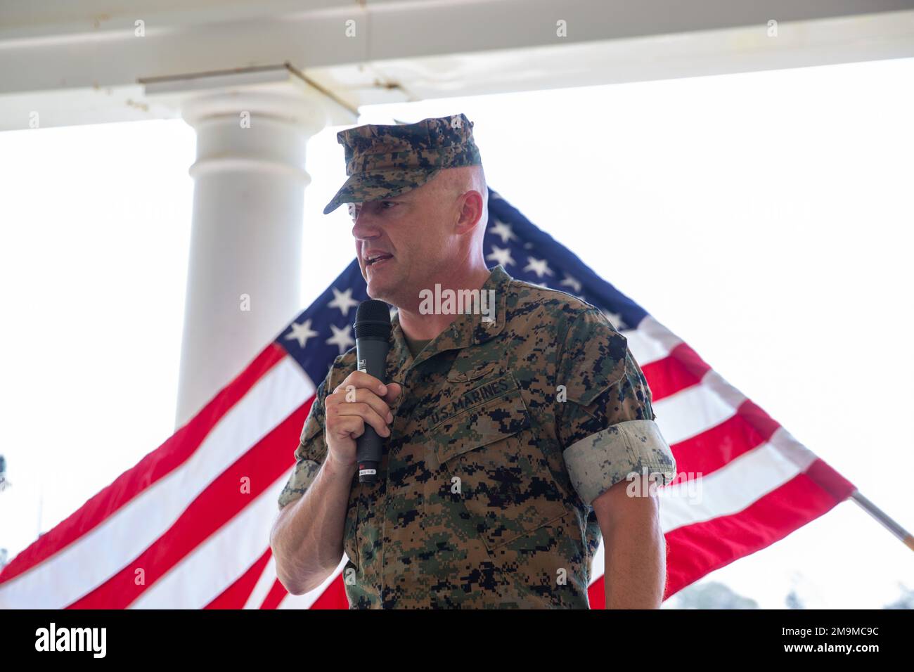 U.S. Marine Corps Col. Nicholas Davis speaks during a change of command ...