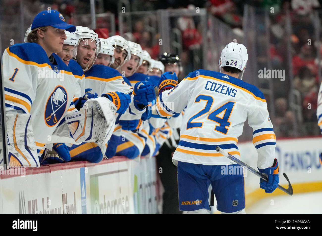 Buffalo Sabres center Dylan Cozens (24) celebrates his goal against the ...