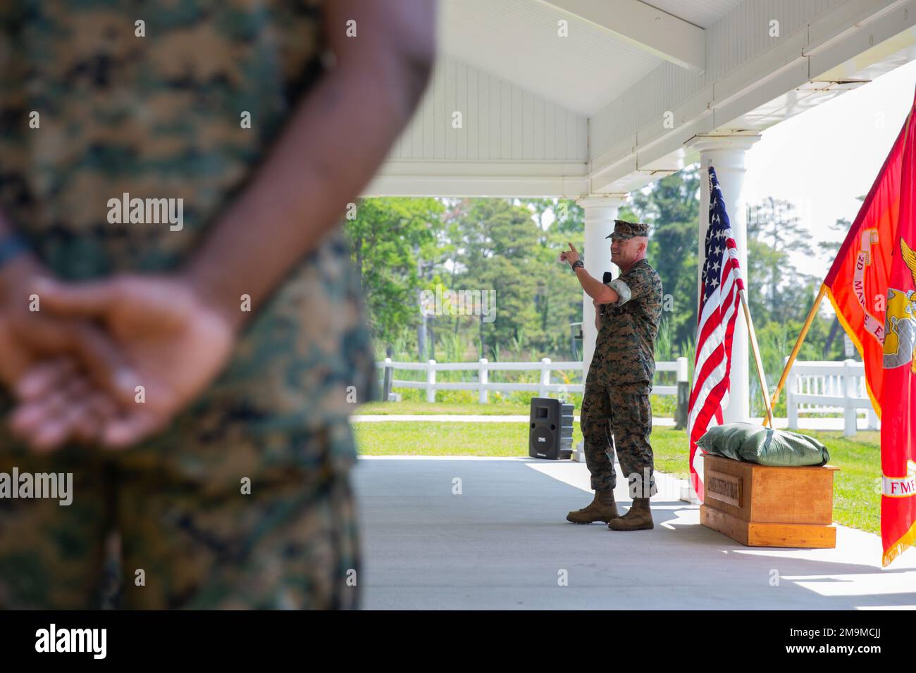 U.S. Marine Corps Col. Nicholas Davis speaks during a change of command ...