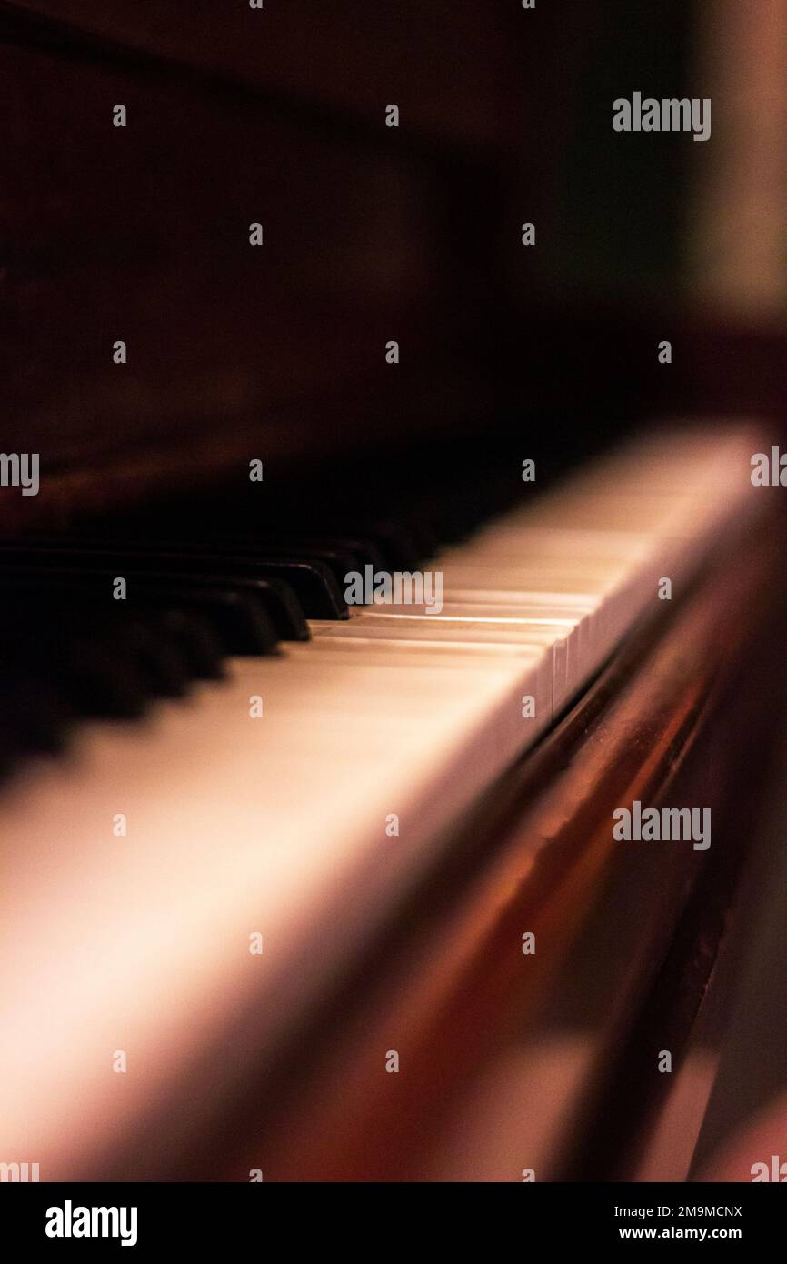 A portrait of the white and black keys of a beautifful old wooden piano ...