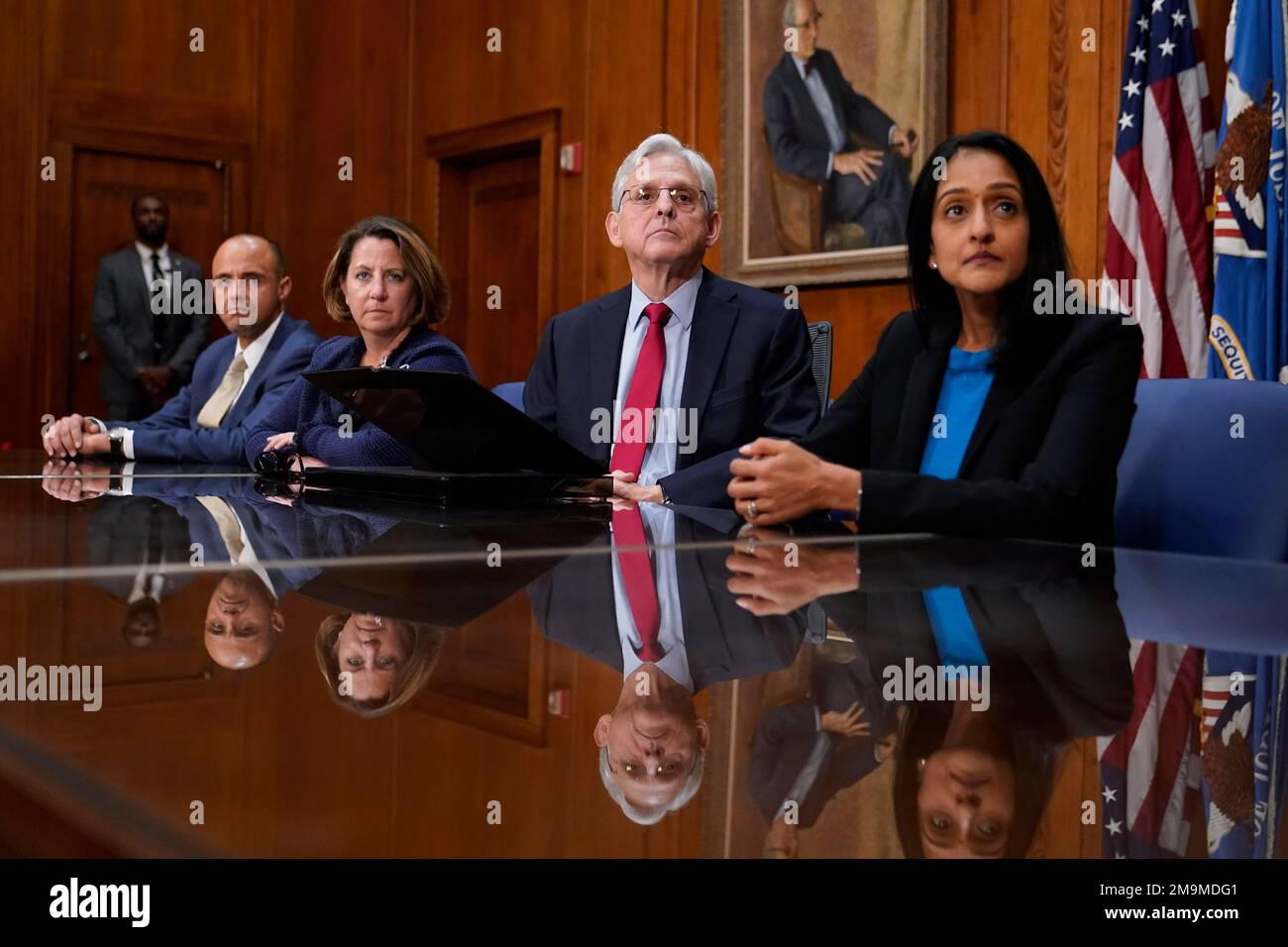 Attorney General Merrick Garland listens to a question at a news conference about a jury's ...