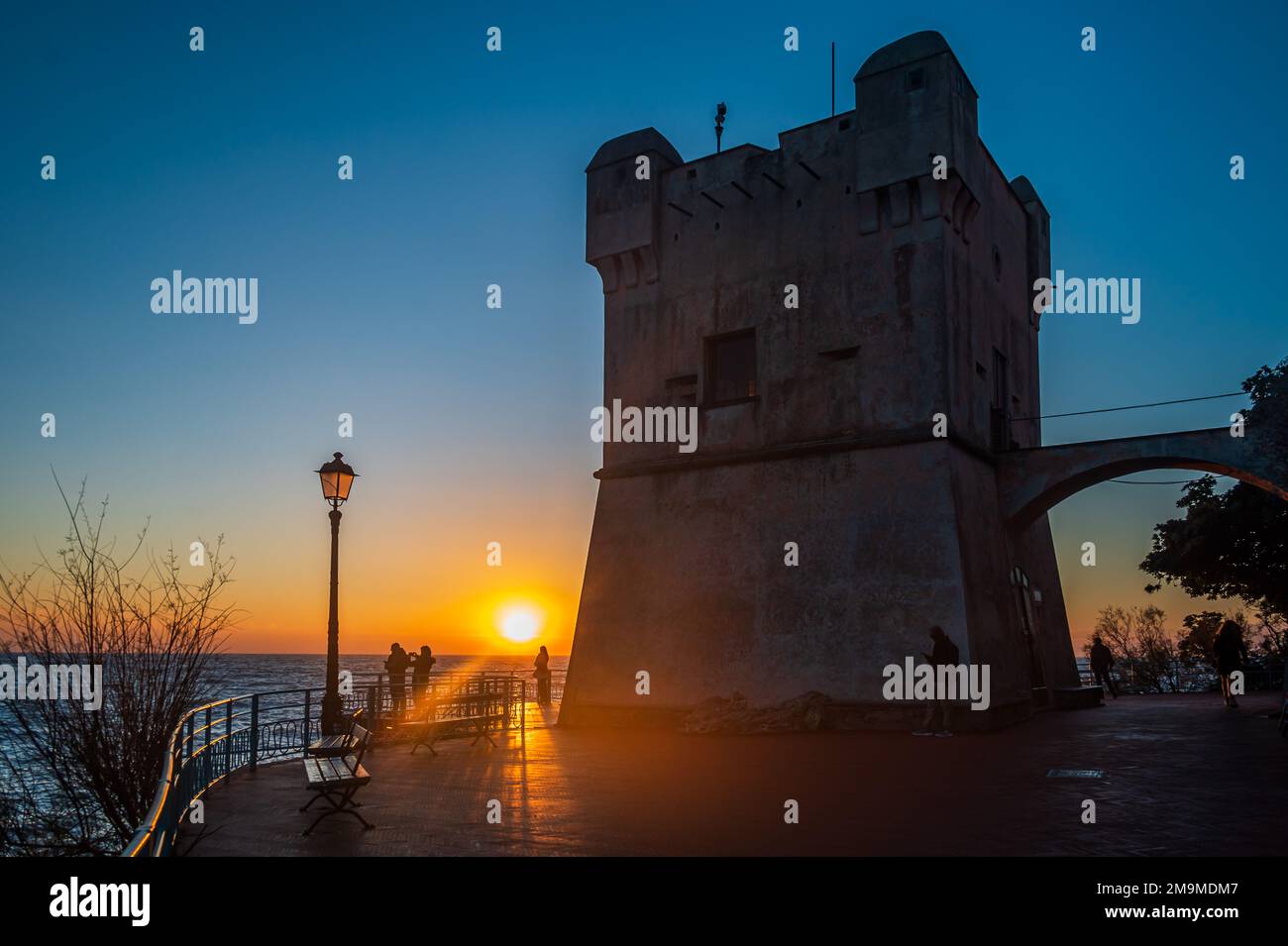 Sunset on the tower of Nervi, in the outskirts of Genoa, Italy Stock ...