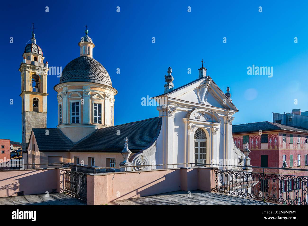 View of the Saint Francis Church in the old town of Chiavari, little ...