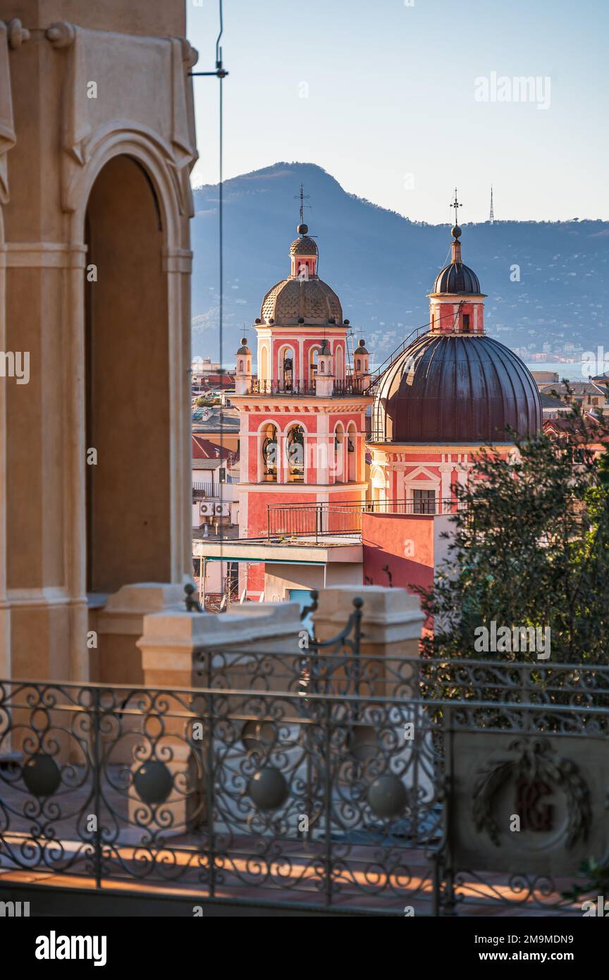 Church seen from Villa Rocca in Chiavari,, little town on the Italian ...