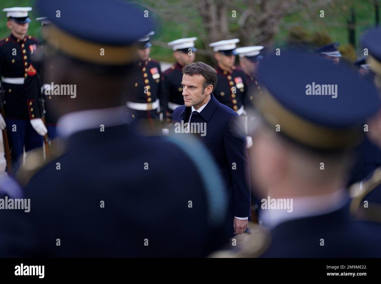 French President Emmanuel Macron arrives to lay a wreath at the Tomb of the Unknown Soldier ...