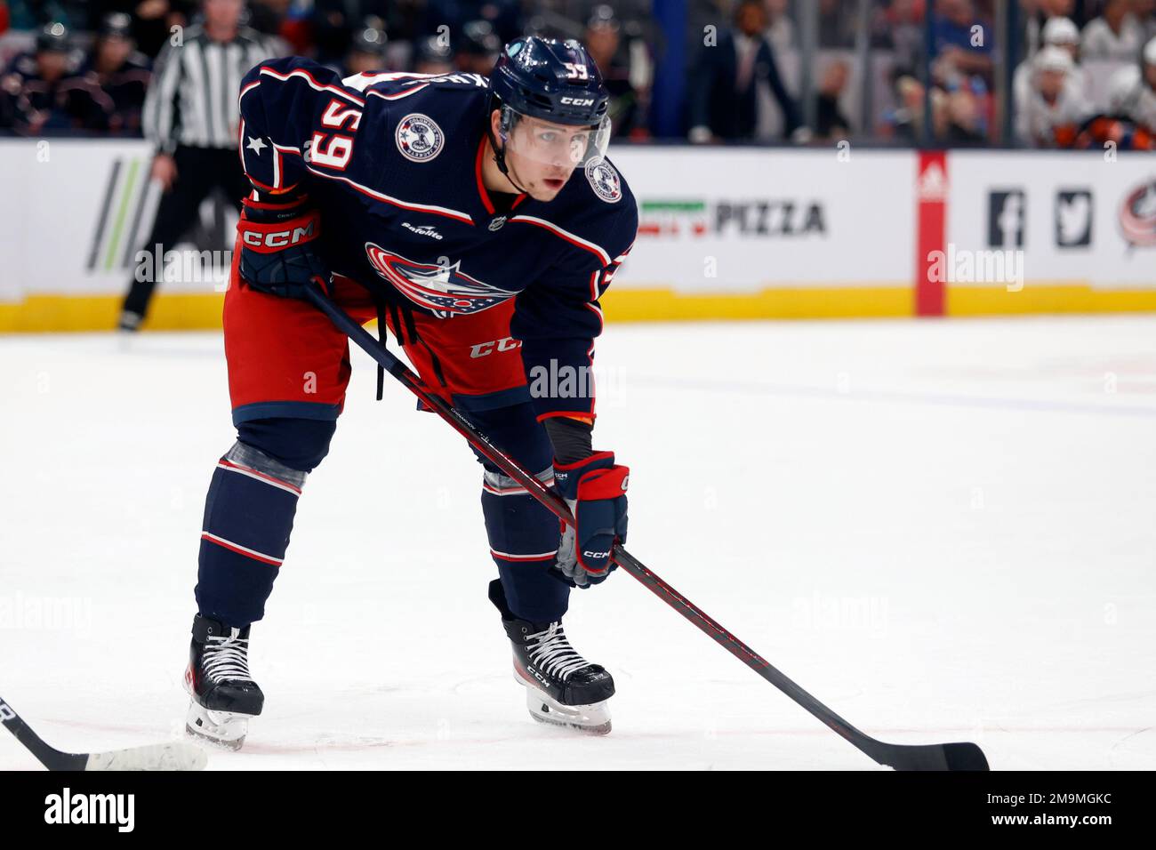 Columbus Blue Jackets forward Yegor Chinakhov waits for the puck drop ...