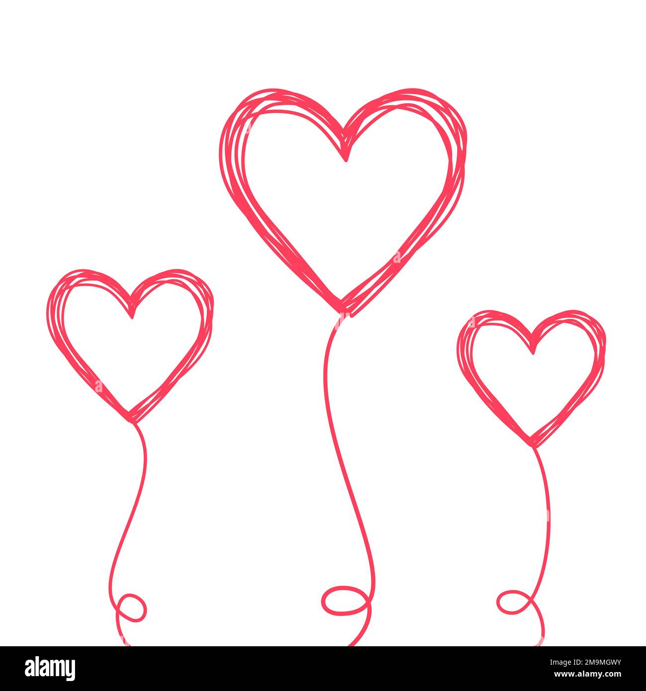 Tangled scribbled hearts on a string line like an air balloon or a ...