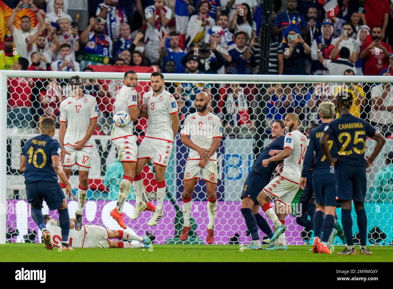 France's Kylian Mbappe kicks a free kick during the World Cup group D ...