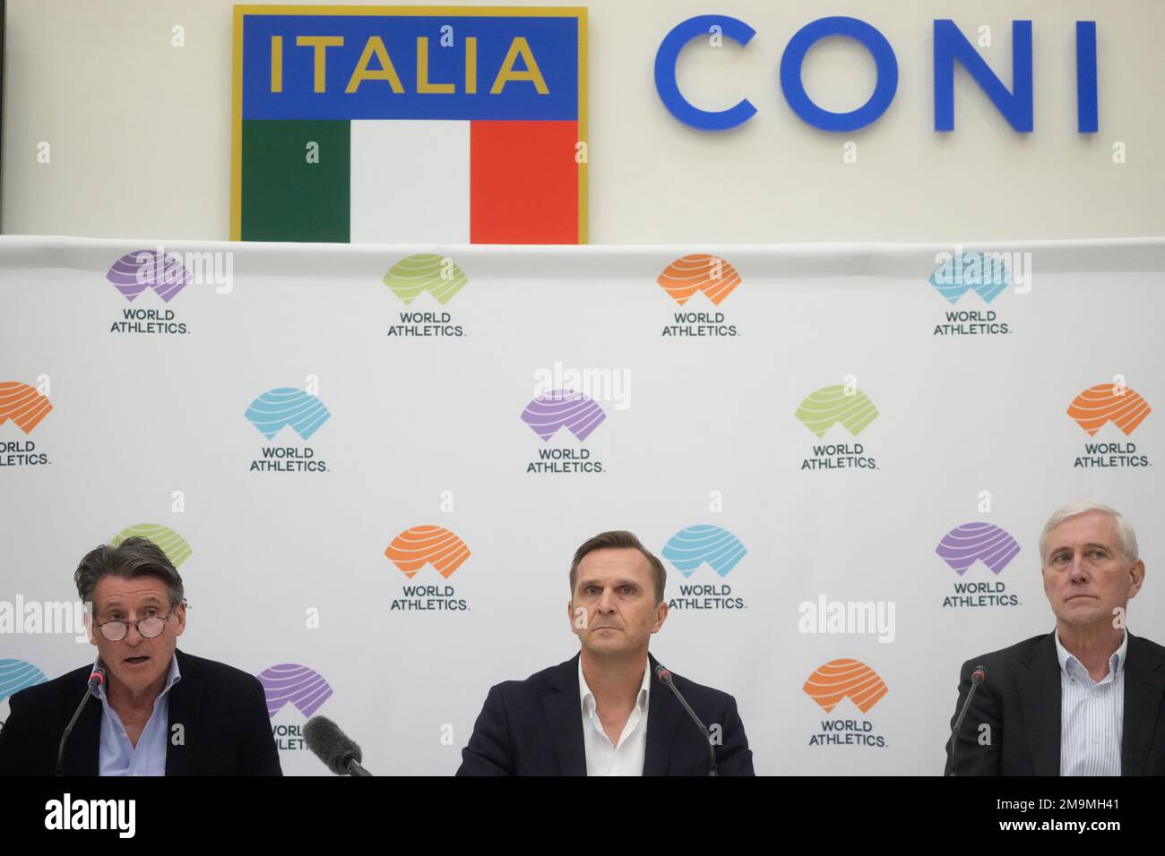 World Athletics President Sebastian Coe, left, World Athletics CEO Jon ...