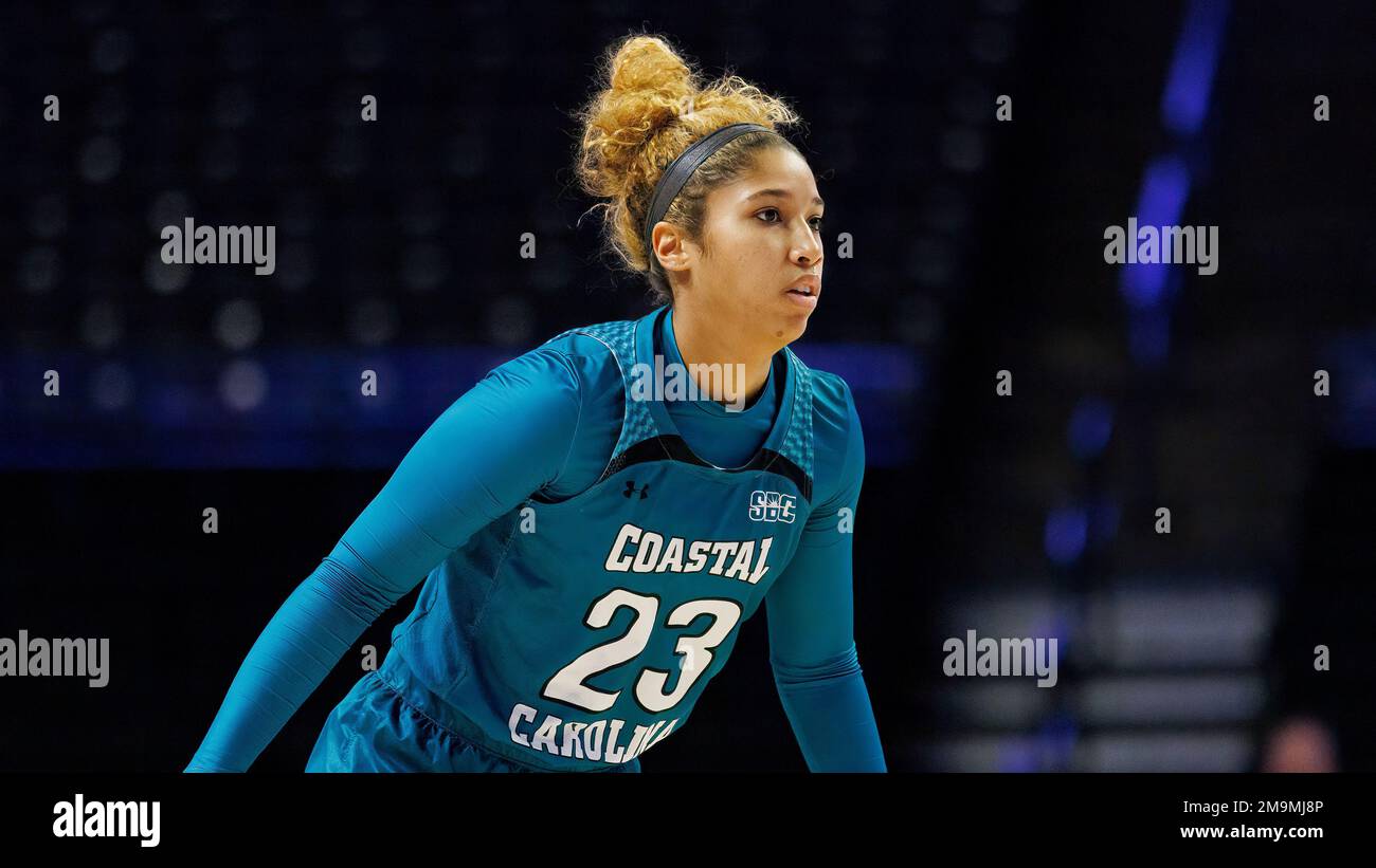 Coastal Carolina's Amaya Adams (23) defends during an NCAA basketball ...