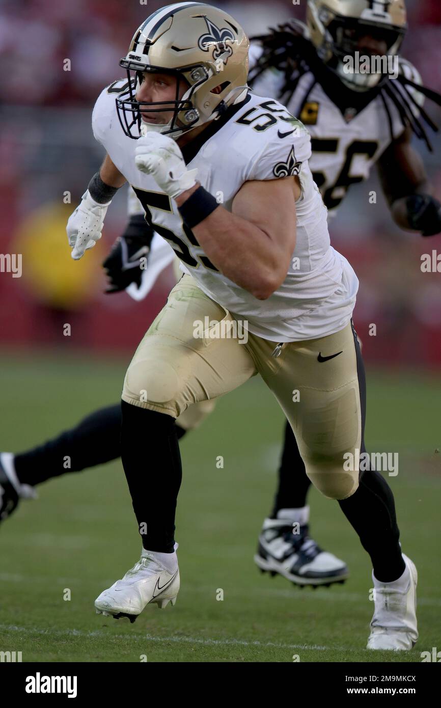 New Orleans Saints linebacker Kaden Elliss (55) charges during an NFL ...