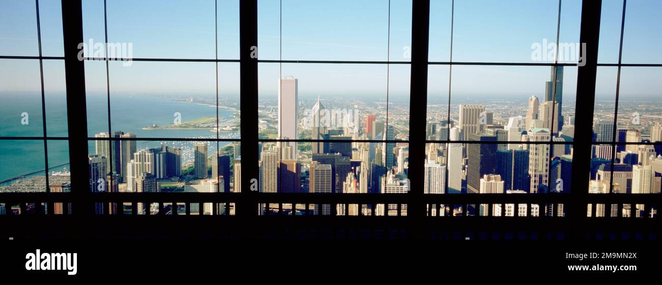 High angle view of a city as seen through a window, Chicago, Illinois ...