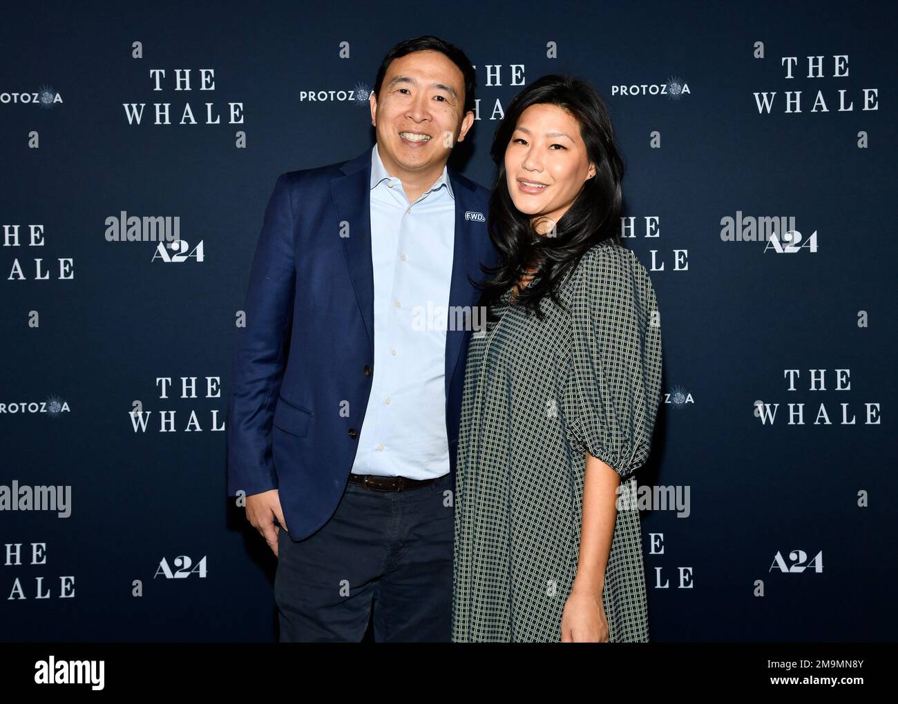 Andrew Yang, left, and wife Evelyn Yang attend the premiere of "The Whale" at Alice Tully Hall ...