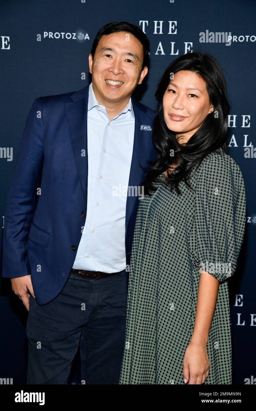 Andrew Yang, left, and wife Evelyn Yang attend the premiere of "The Whale" at Alice Tully Hall ...