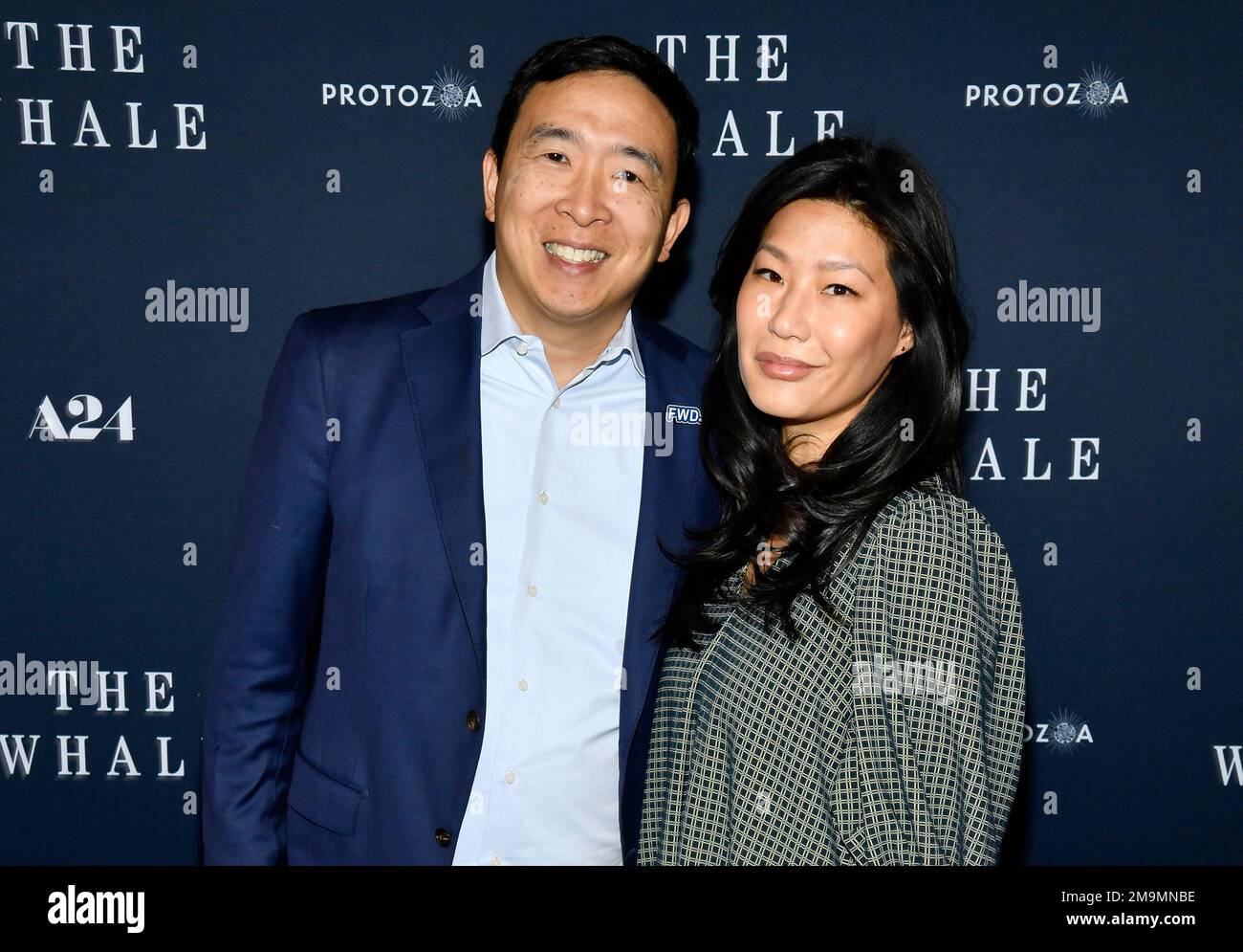 Andrew Yang, left, and wife Evelyn Yang attend the premiere of "The Whale" at Alice Tully Hall ...