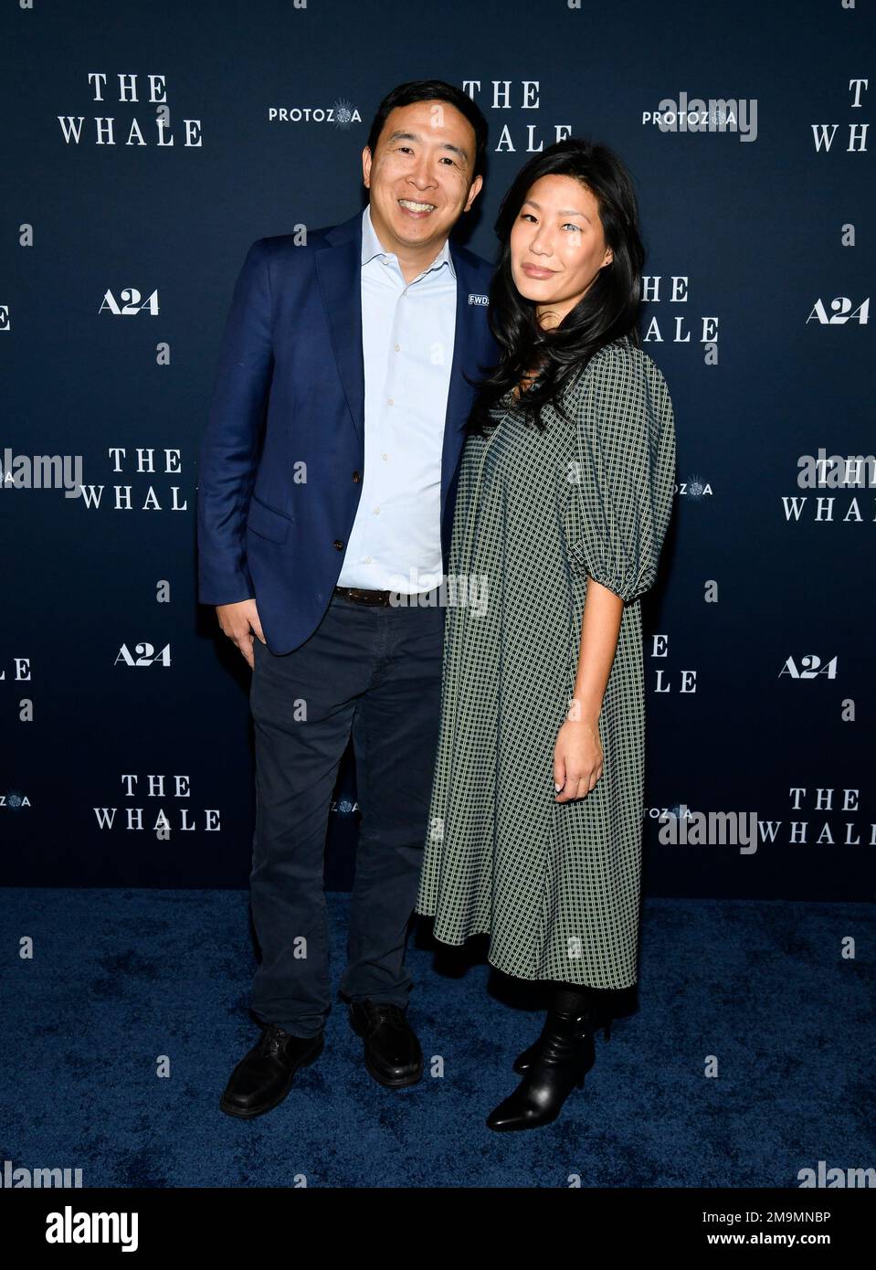 Andrew Yang, left, and wife Evelyn Yang attend the premiere of "The ...