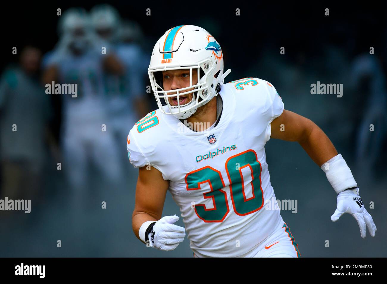 Miami Dolphins fullback Alec Ingold (30) runs onto the field as he is ...