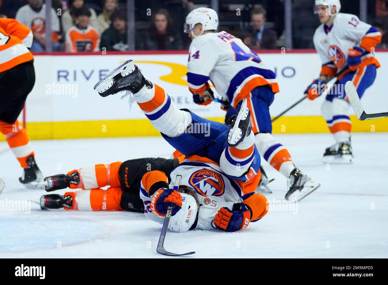 New York Islanders' Anders Lee tumbles during the third period of an ...