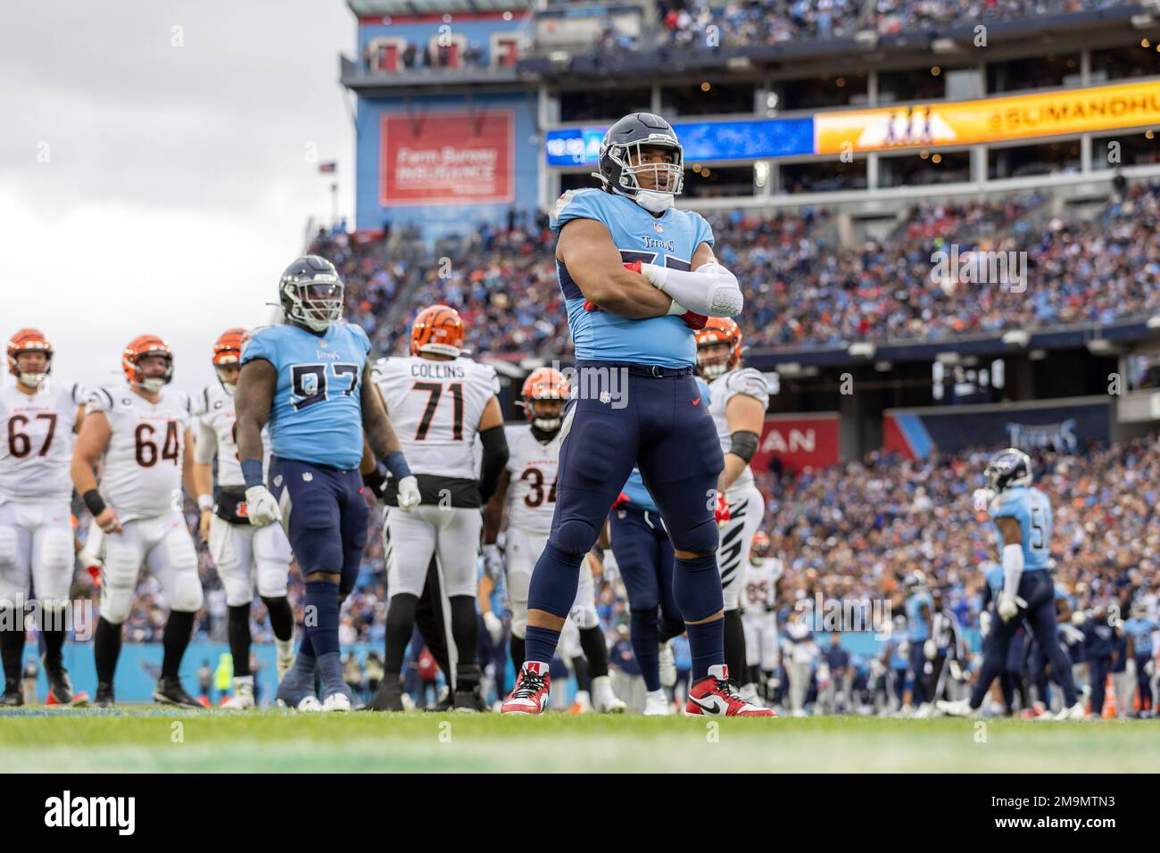 Tennessee Titans defensive lineman DeMarcus Walker (95) reacts after a ...