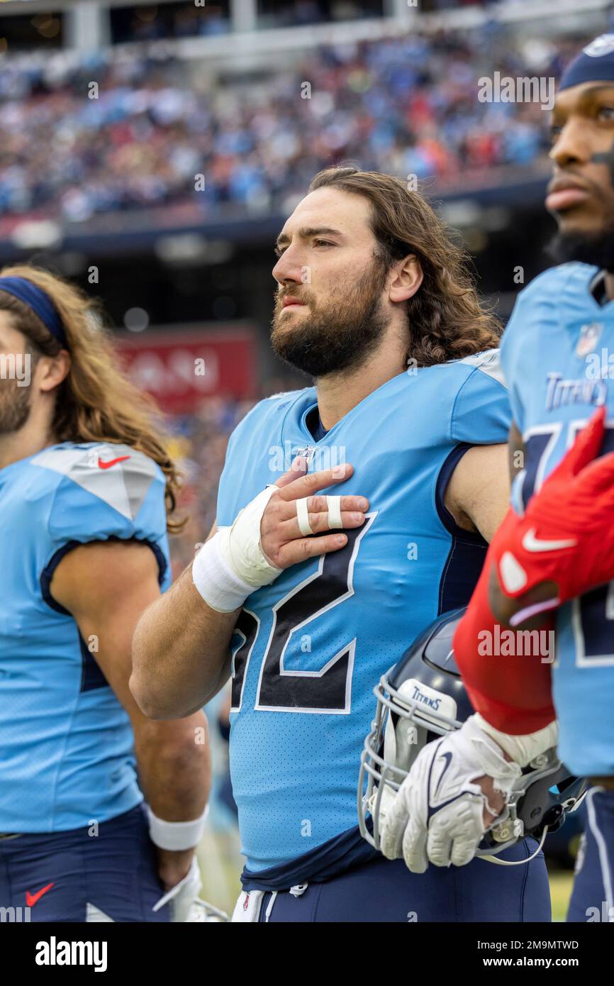 Tennessee Titans center Corey Levin (62) stands for the National Anthem ...