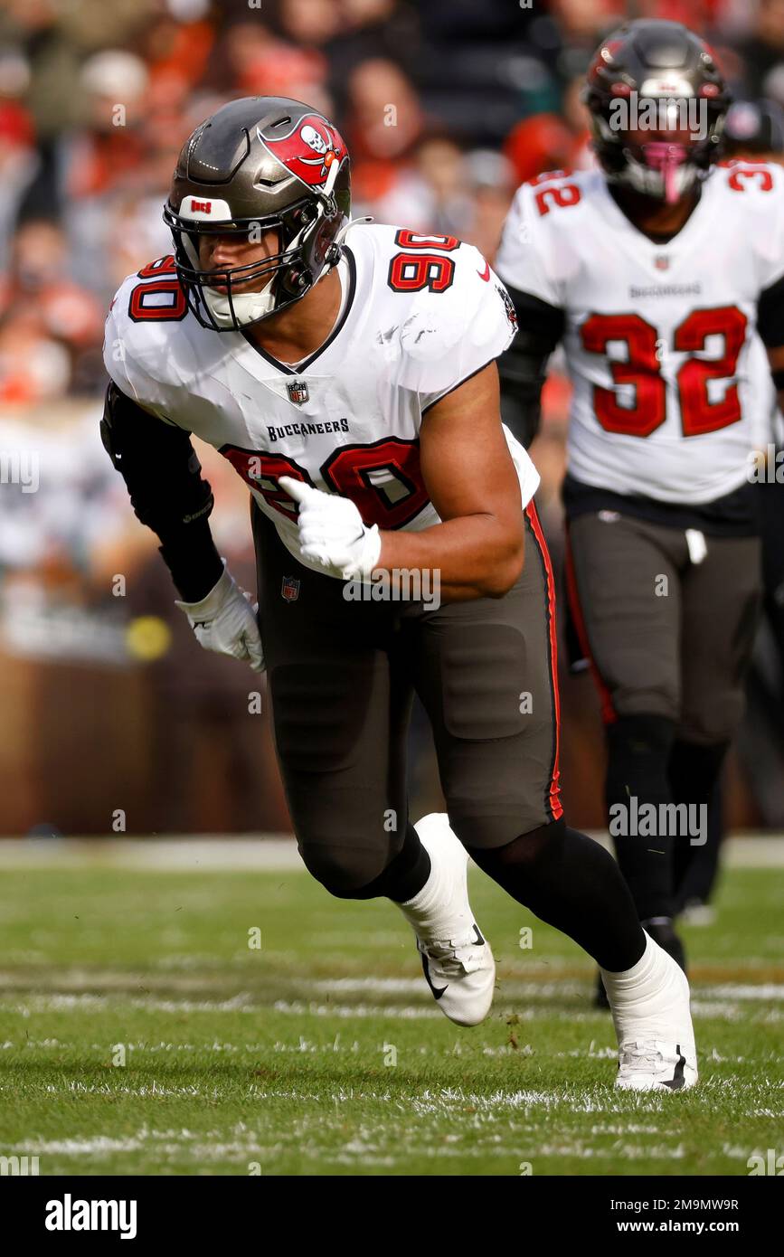 Tampa Bay Buccaneers defensive end Logan Hall (90) runs off of the line of scrimmage during an ...