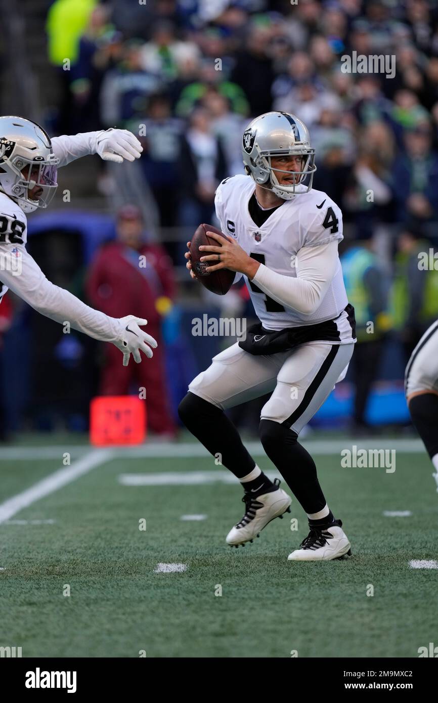 Las Vegas Raiders quarterback Derek Carr (4) steps back during an NFL ...