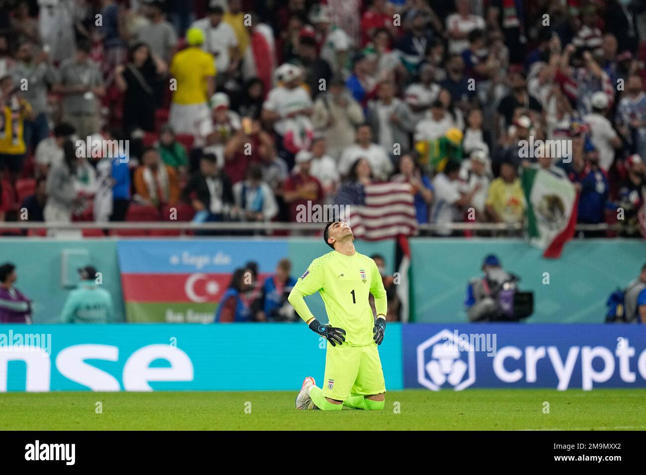 Iran's goalkeeper Alireza Beiranvand looks up at the end of the World ...