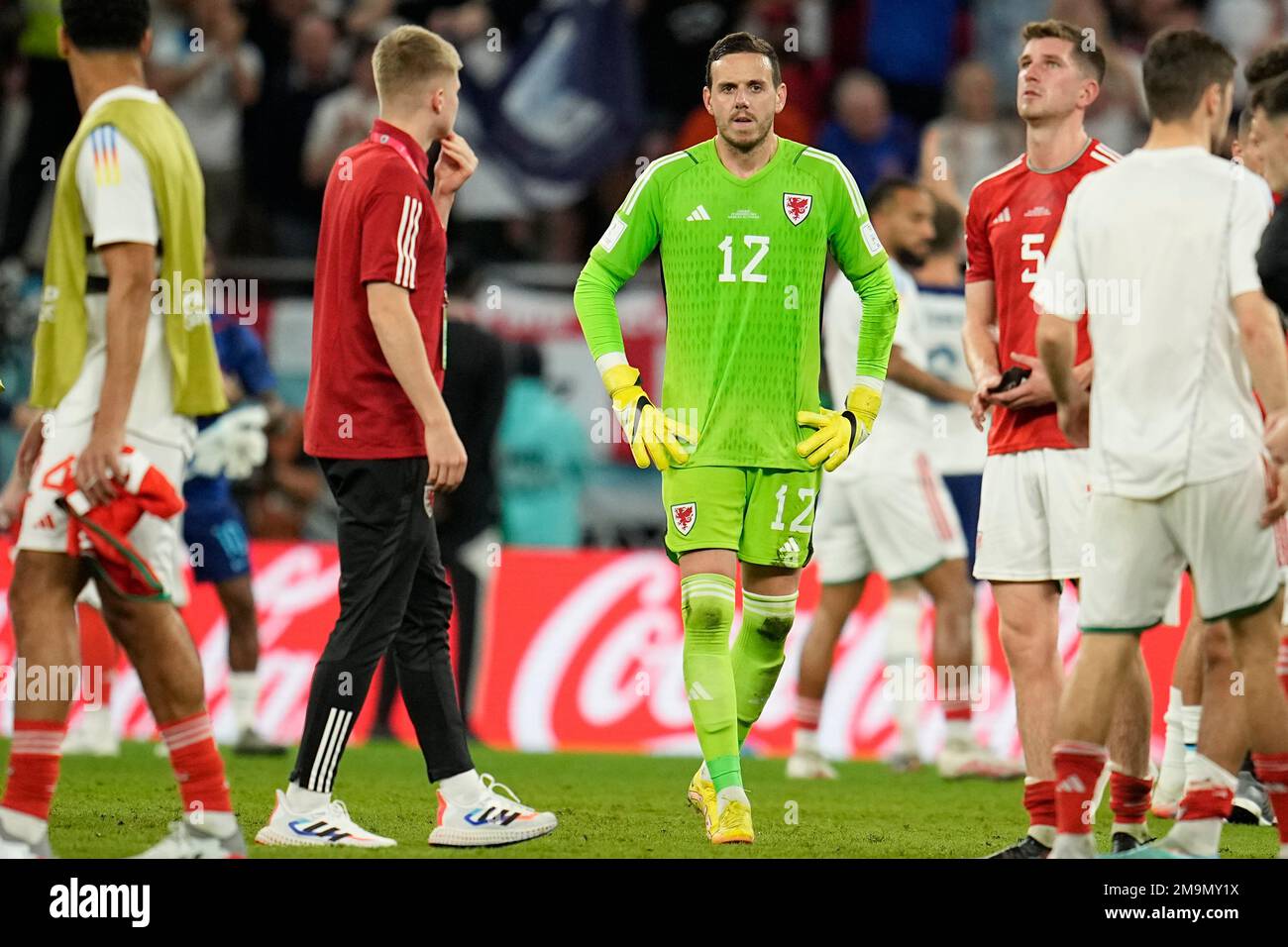 Wales' goalkeeper Danny Ward, center, reacts at the end of the World ...