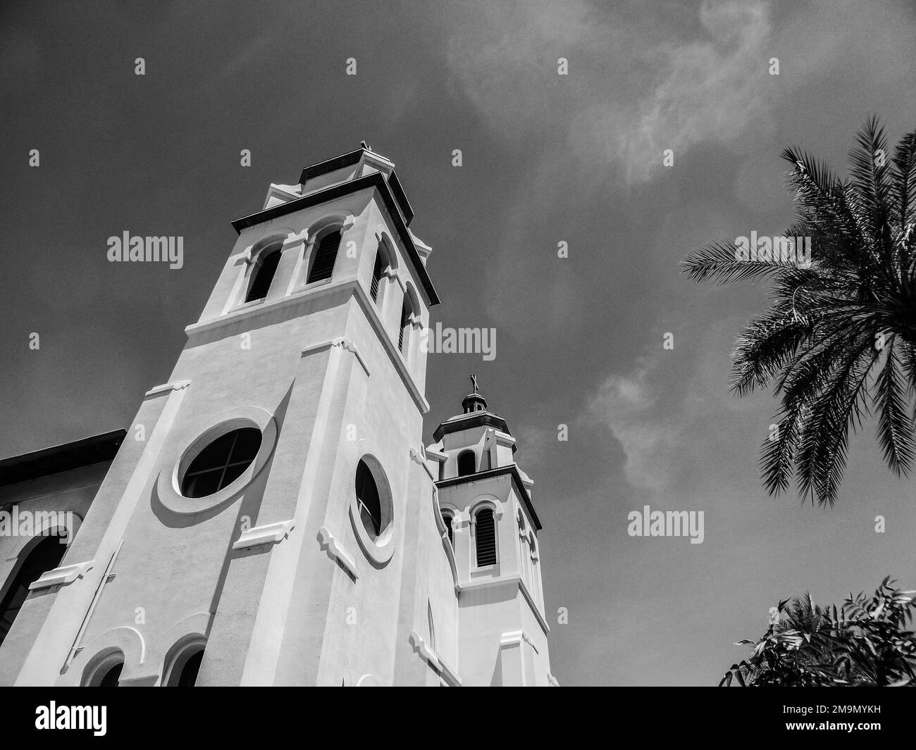 A grayscale low angle shot of St. Mary's Roman Catholic Basilica in ...
