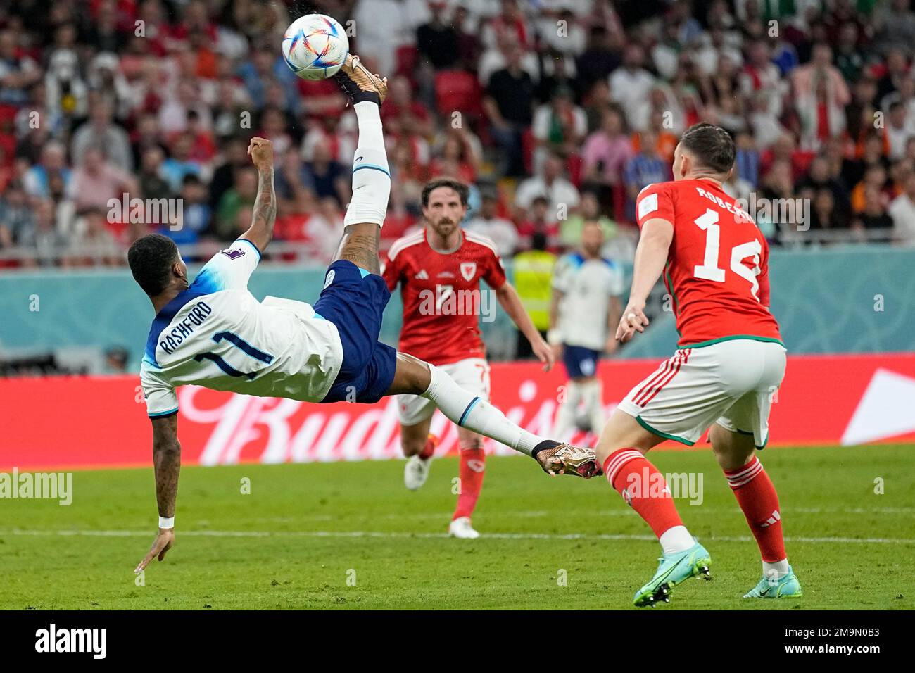 England's Marcus Rashford kicks a ball during the World Cup group B ...