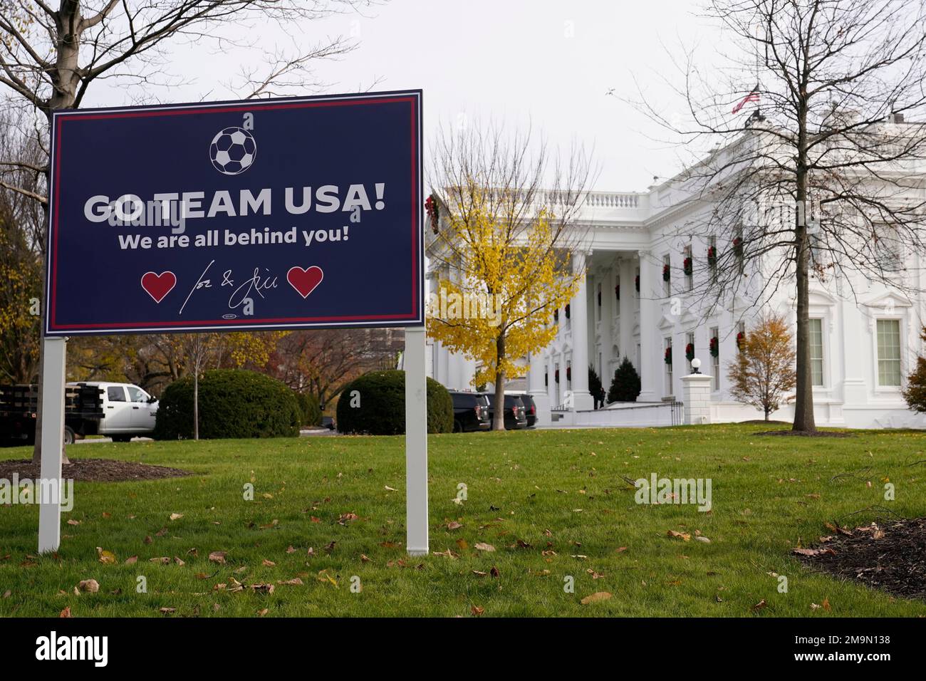 A sign is placed on the grounds of the White House in Washington ...