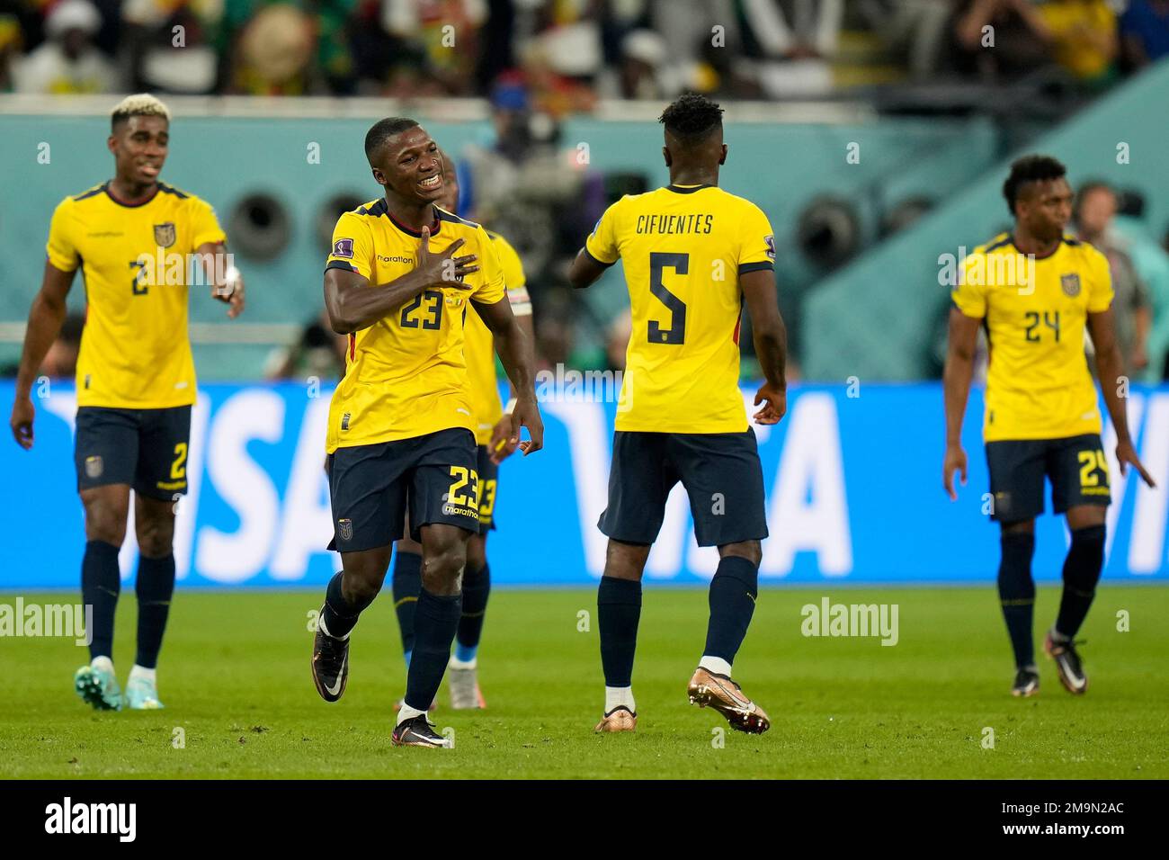 Ecuador players celebrate after scoring their side's first goal during ...