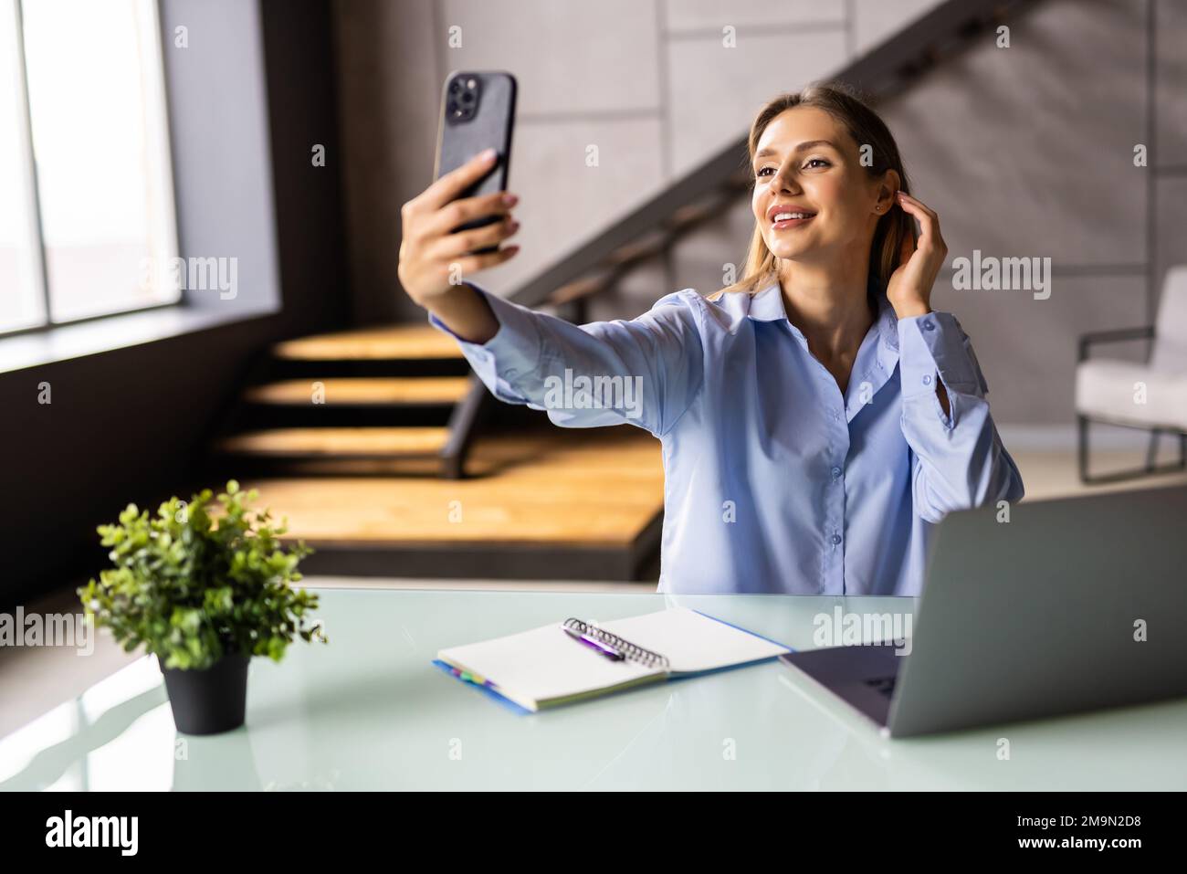 Close up photo of confident home working girl marketer ceo agent make selfie recording startup ...