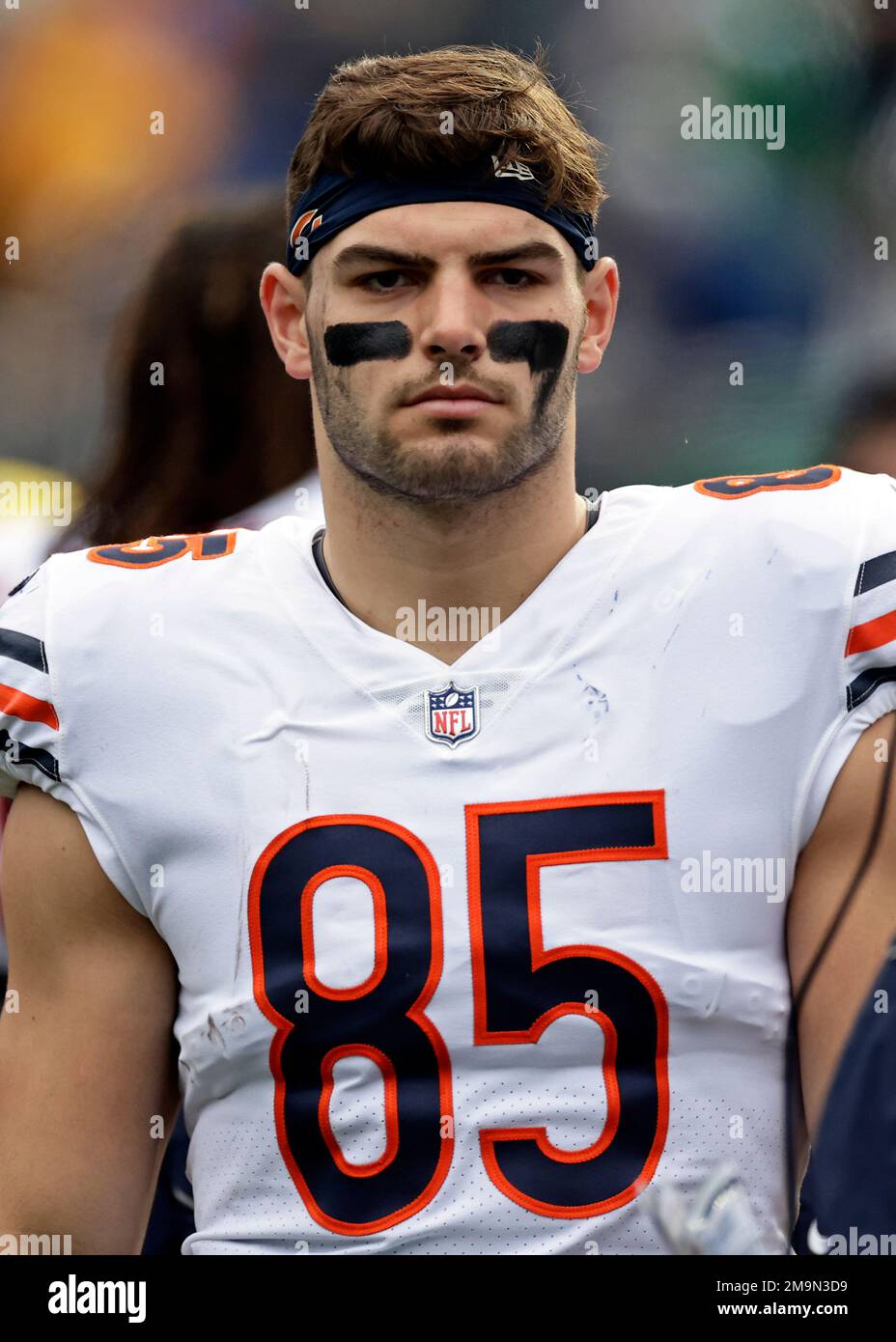 Chicago Bears tight end Cole Kmet (85) waits to face the New York Jets during an NFL football ...