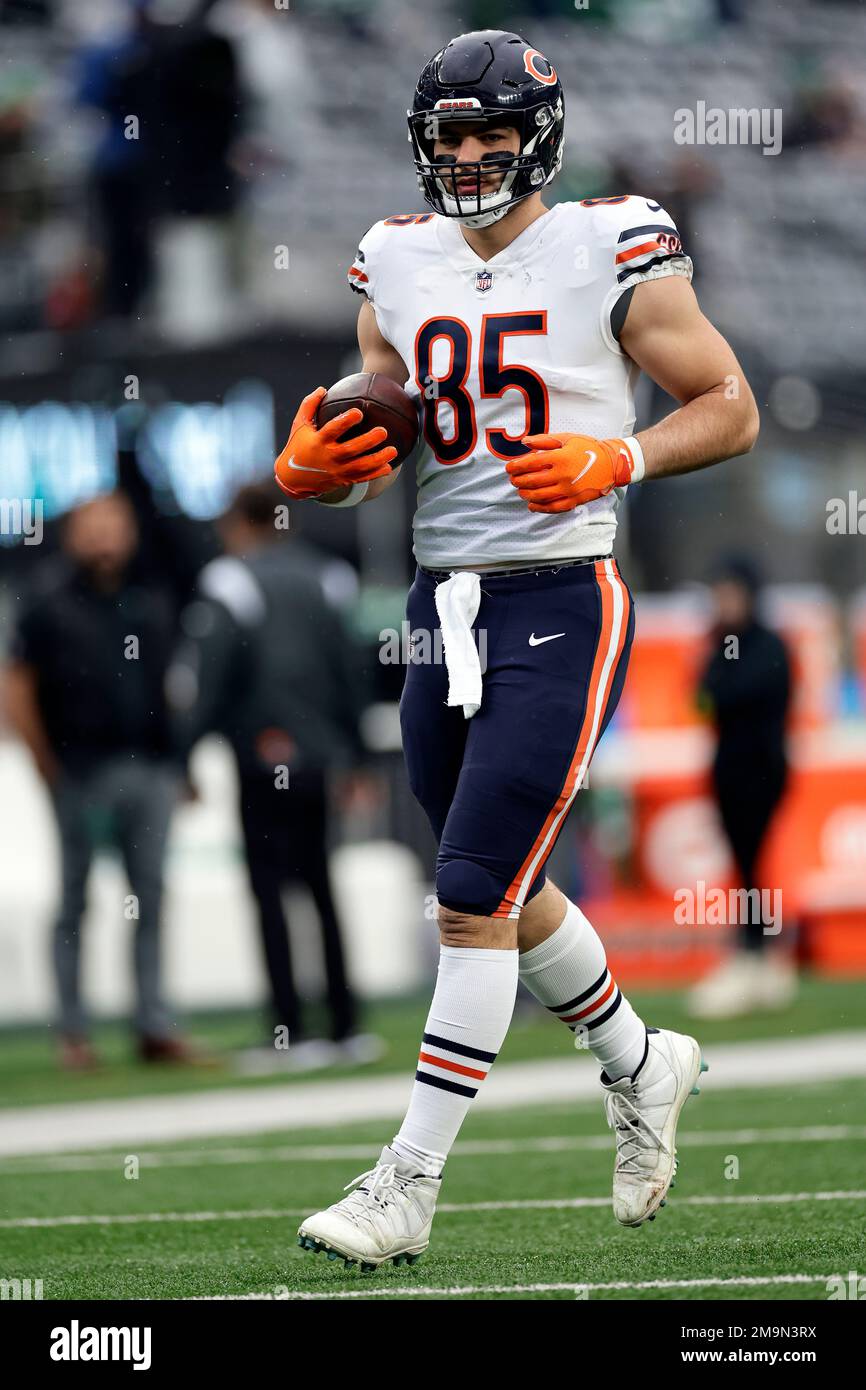 Chicago Bears tight end Cole Kmet (85) warms up before an NFL football ...