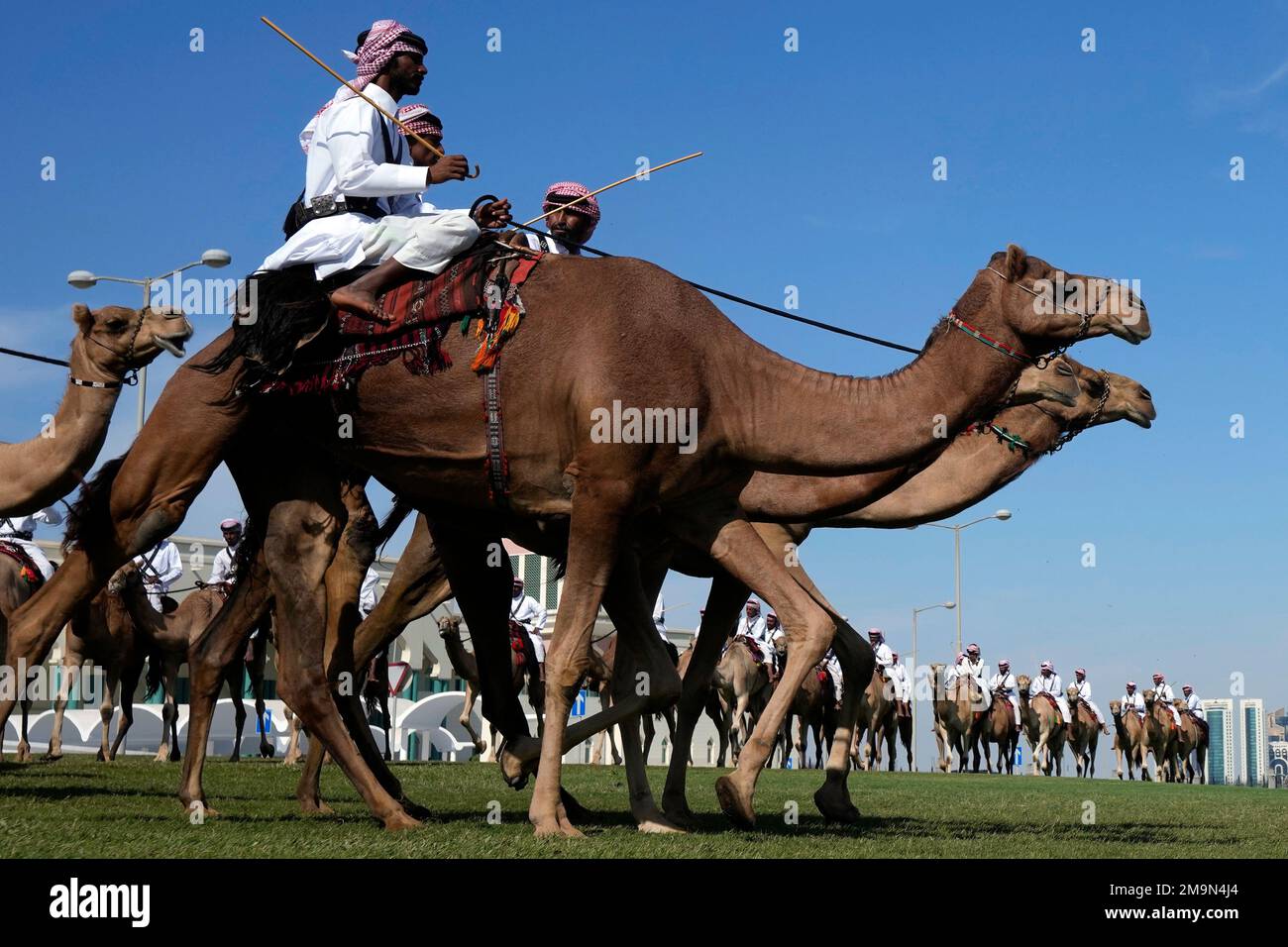 Guards ride their camels outside the Amiri Diwan in Doha, Qatar ...