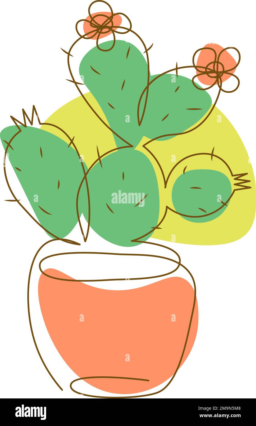 Abstract composition with cactus in pot. Continuous line drawing with ...