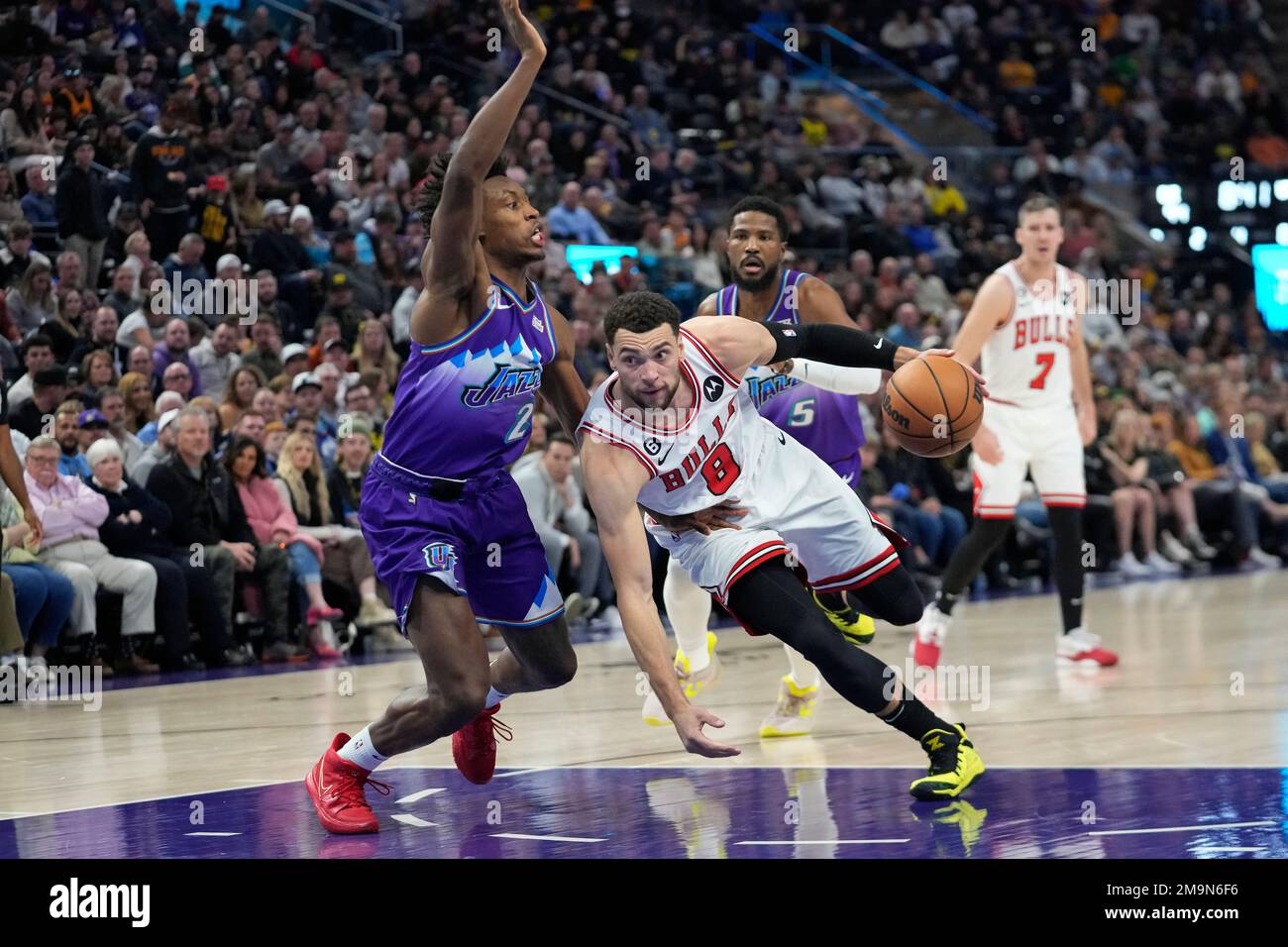 Chicago Bulls guard Zach LaVine (8) drives to the basket as Utah Jazz ...