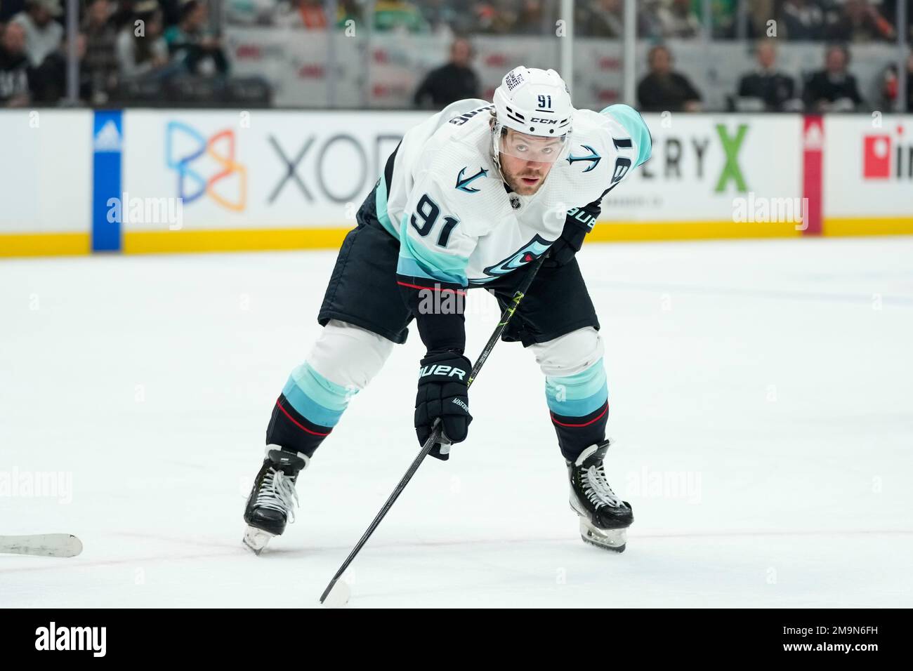 Seattle Kraken's Daniel Sprong waits for the puck to drop during the ...